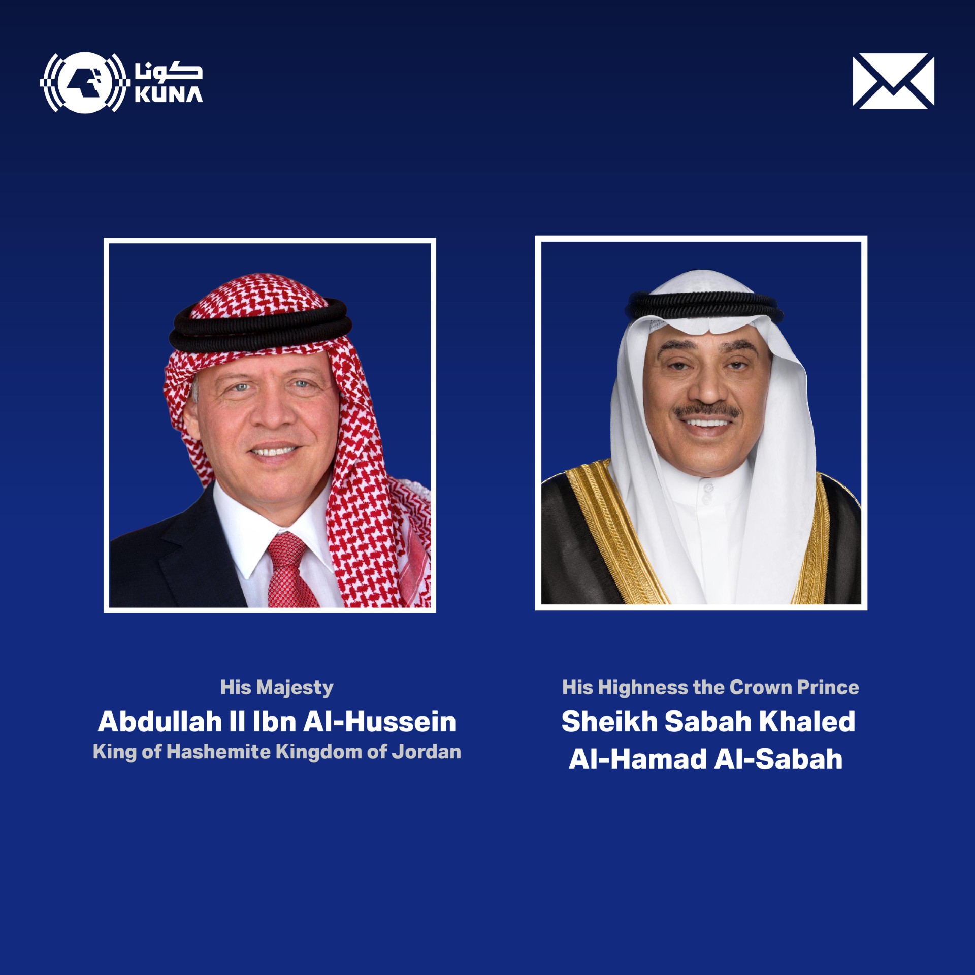 KUNA : Kuwait Crown Prince congratulates Jordan King on coronation anniv.